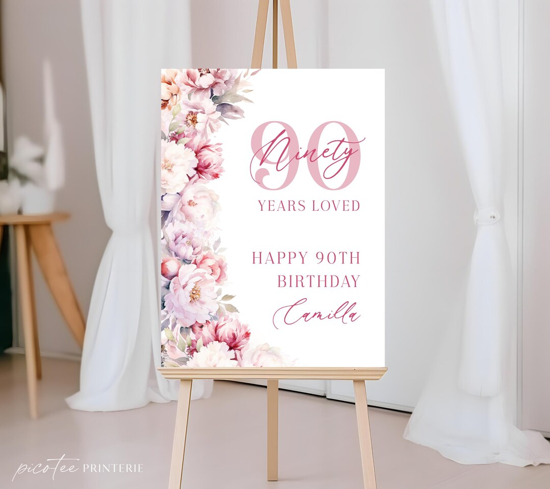 90 Years Loved Birthday Welcome Sign Pink Floral Women, Flowers 90th ...