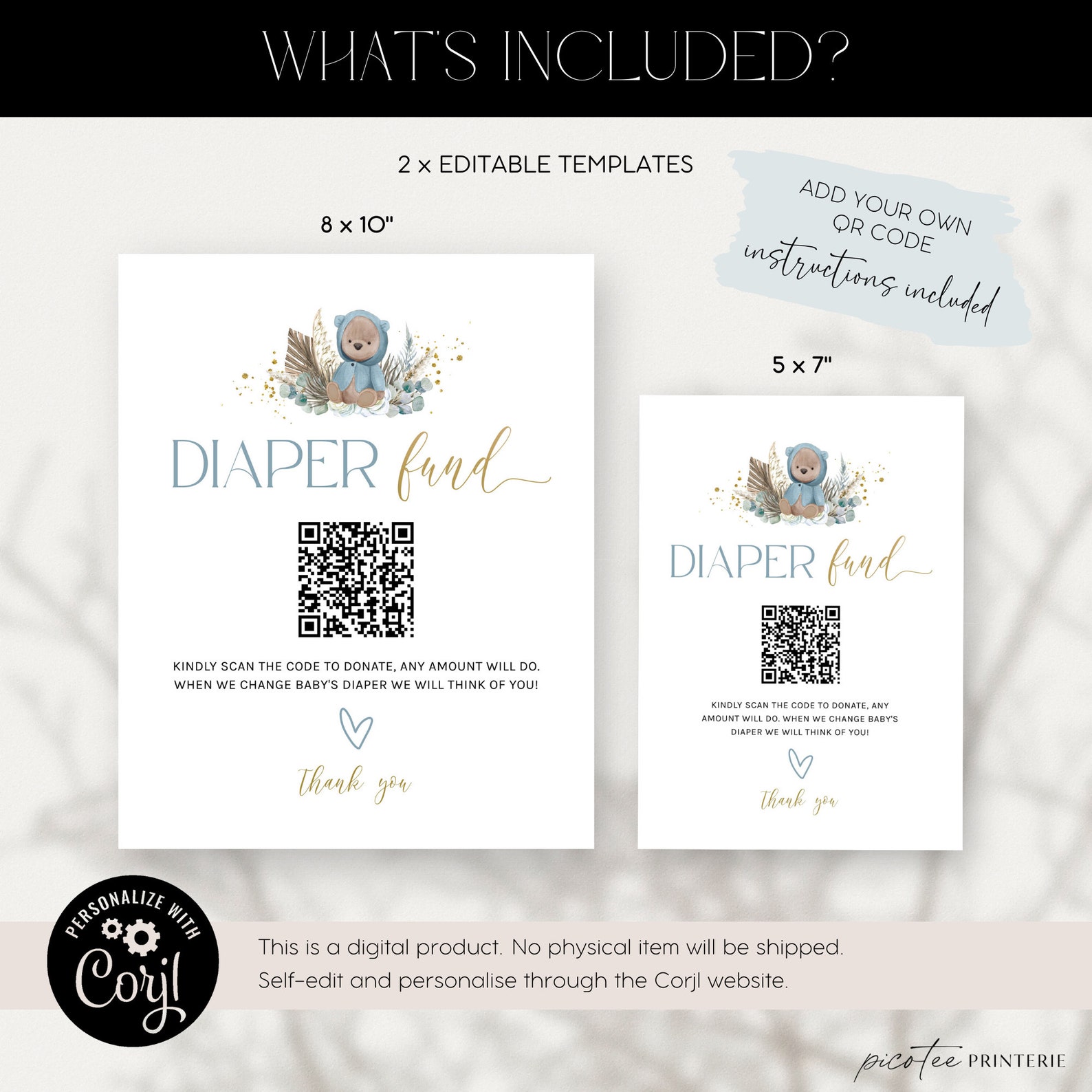 Blue Bear Baby Shower QR Code Diaper Fund Sign, Printable Diaper Gift ...
