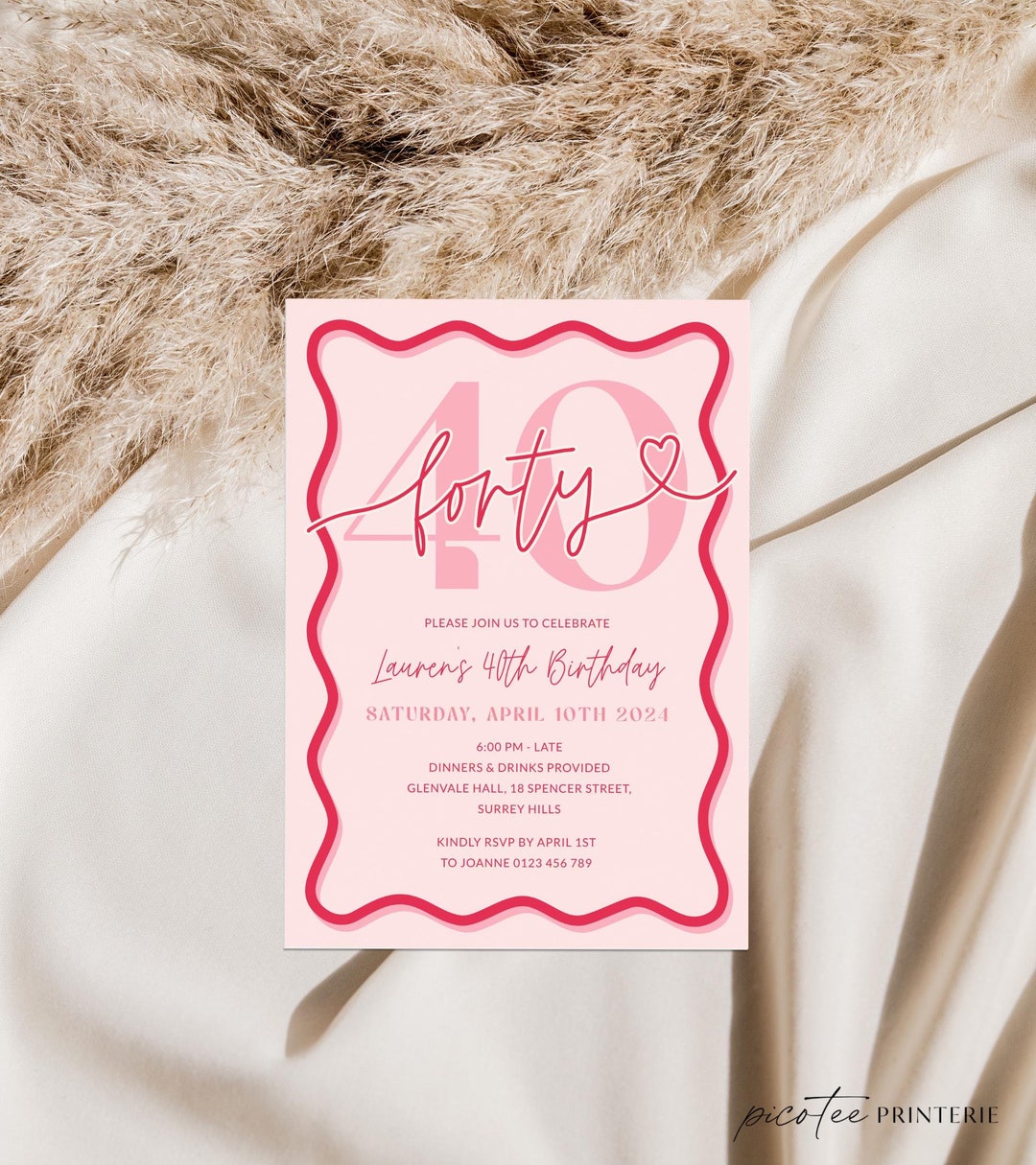 Pink Coral Wavy Border 40th Birthday Invitation for Her, Scalloped 40 ...