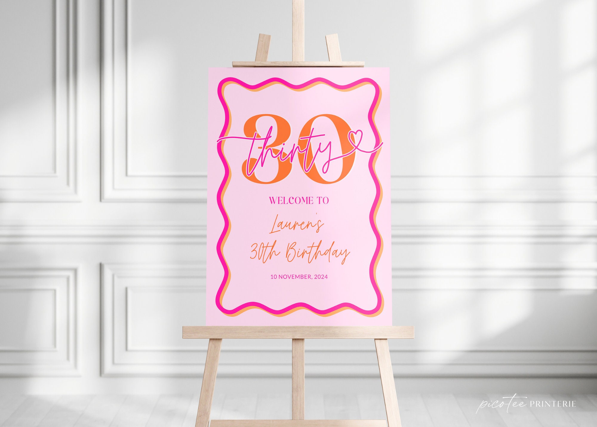 Wavy Border Welcome Sign 30th Birthday for Her, Pink Orange Scalloped ...
