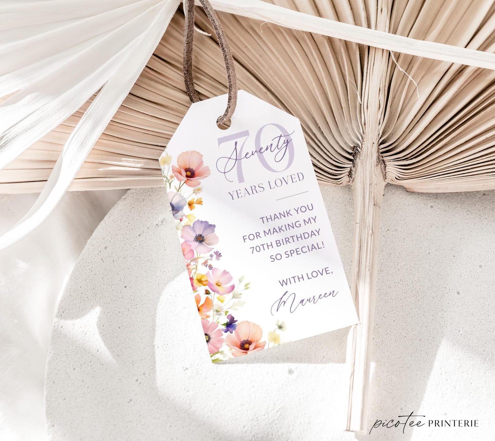 Floral Thank You 70th Birthday Gift Tag Favor Printable, 70 Years Loved ...