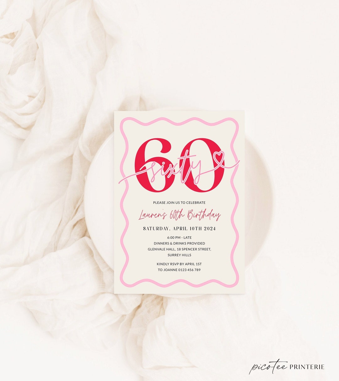 Wavy Border 60th Birthday Invitation Women, Modern Scalloped 60th Party ...