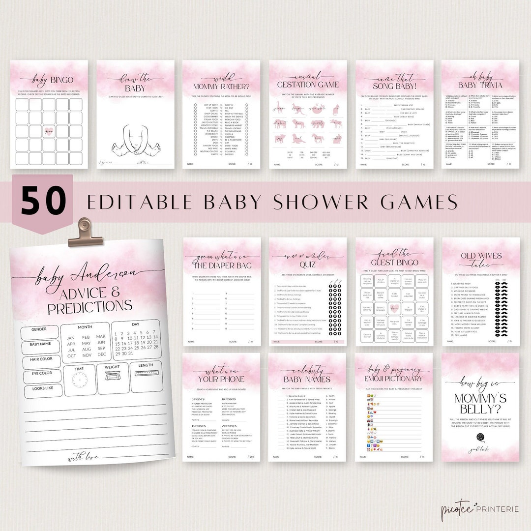 Pink Baby Shower Games Bundle, Modern Baby Shower Game Bundle Template ...