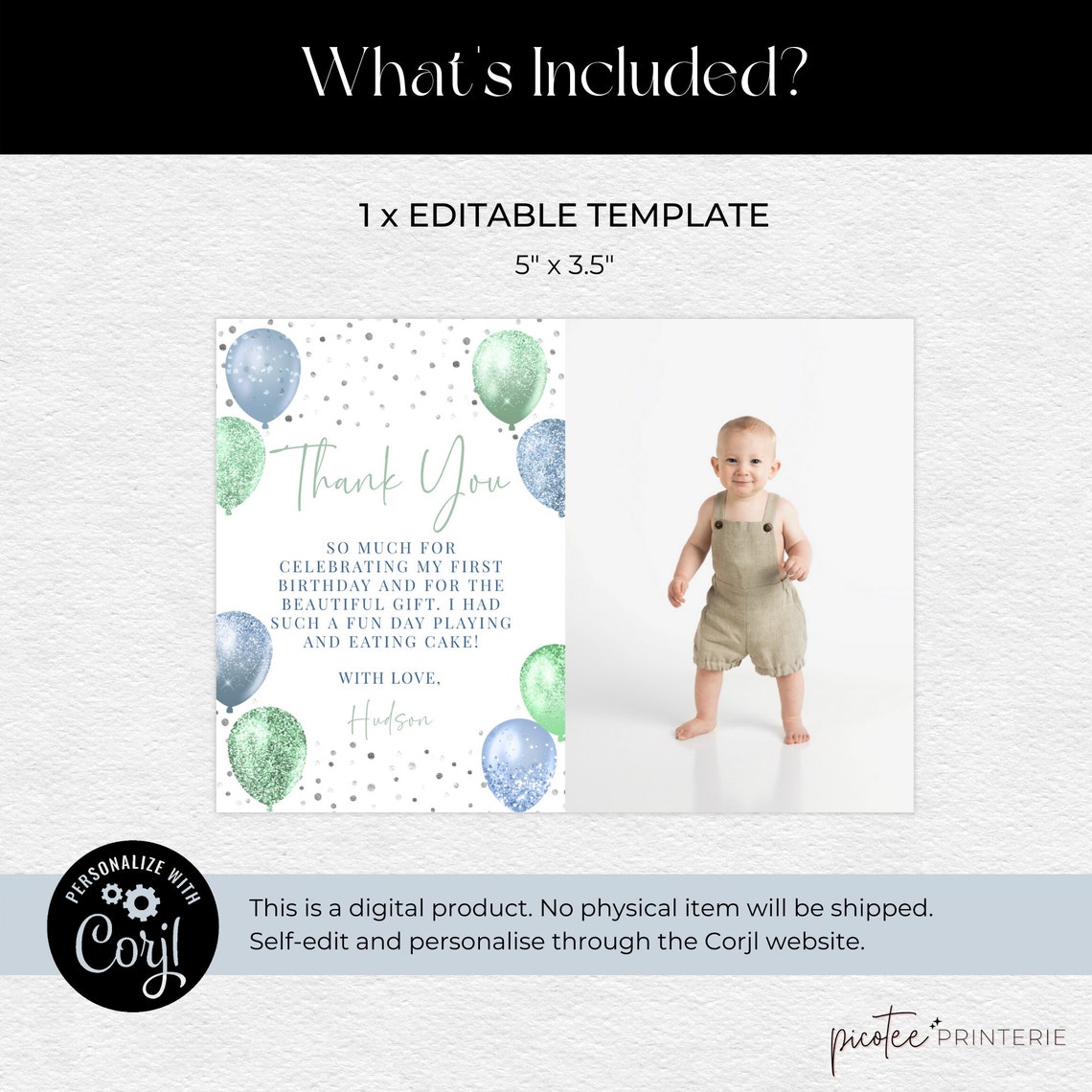 1st Birthday Thank You Card Template Printable Photo Thank - Etsy