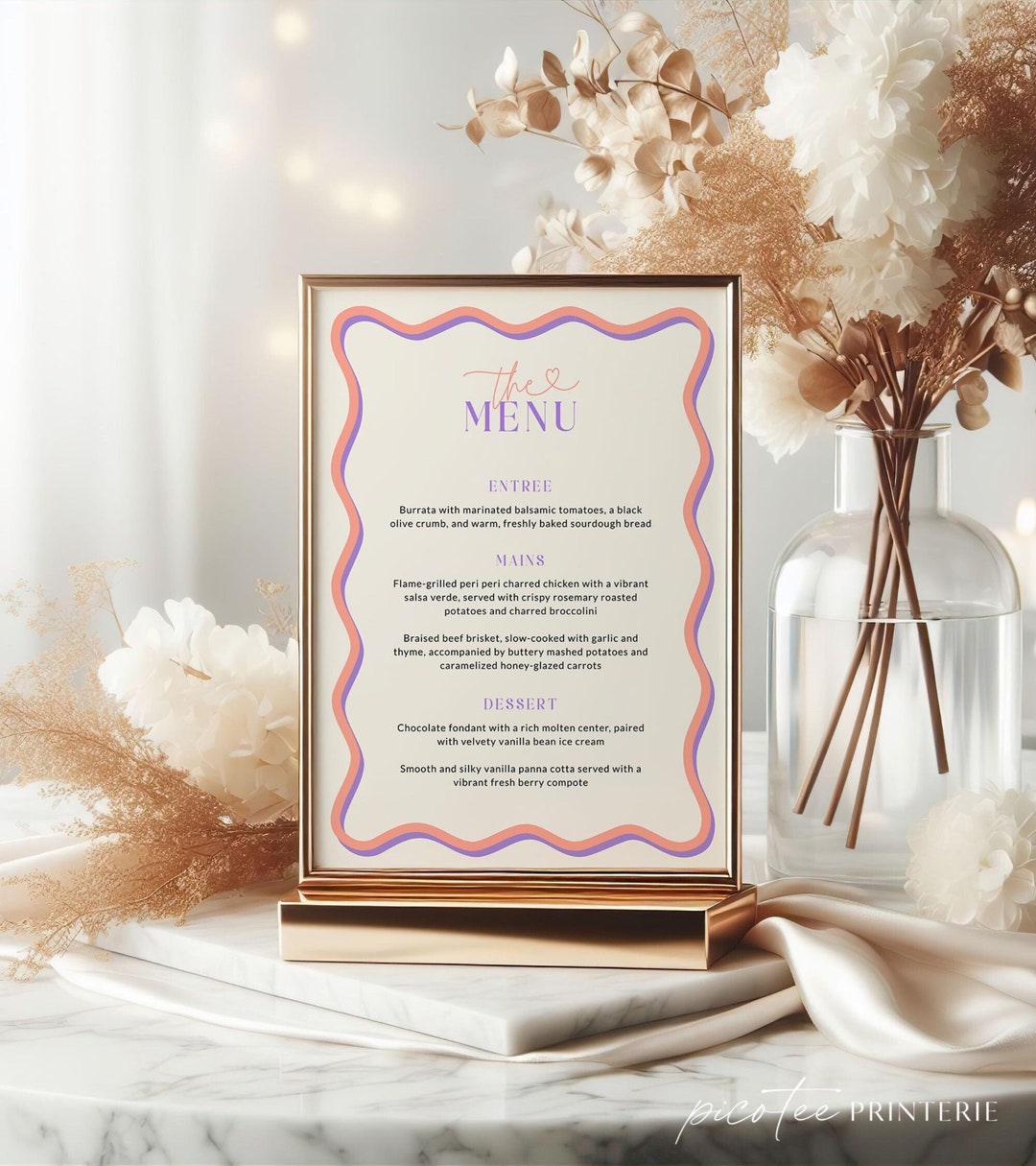 Wavy Menu Card Template, Modern Purple Orange Scalloped Birthday Bridal ...