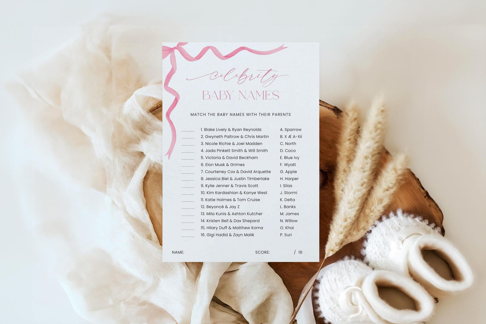 Coquette Pink Bow Celebrity Baby Name Game Template, Girl Baby Shower ...