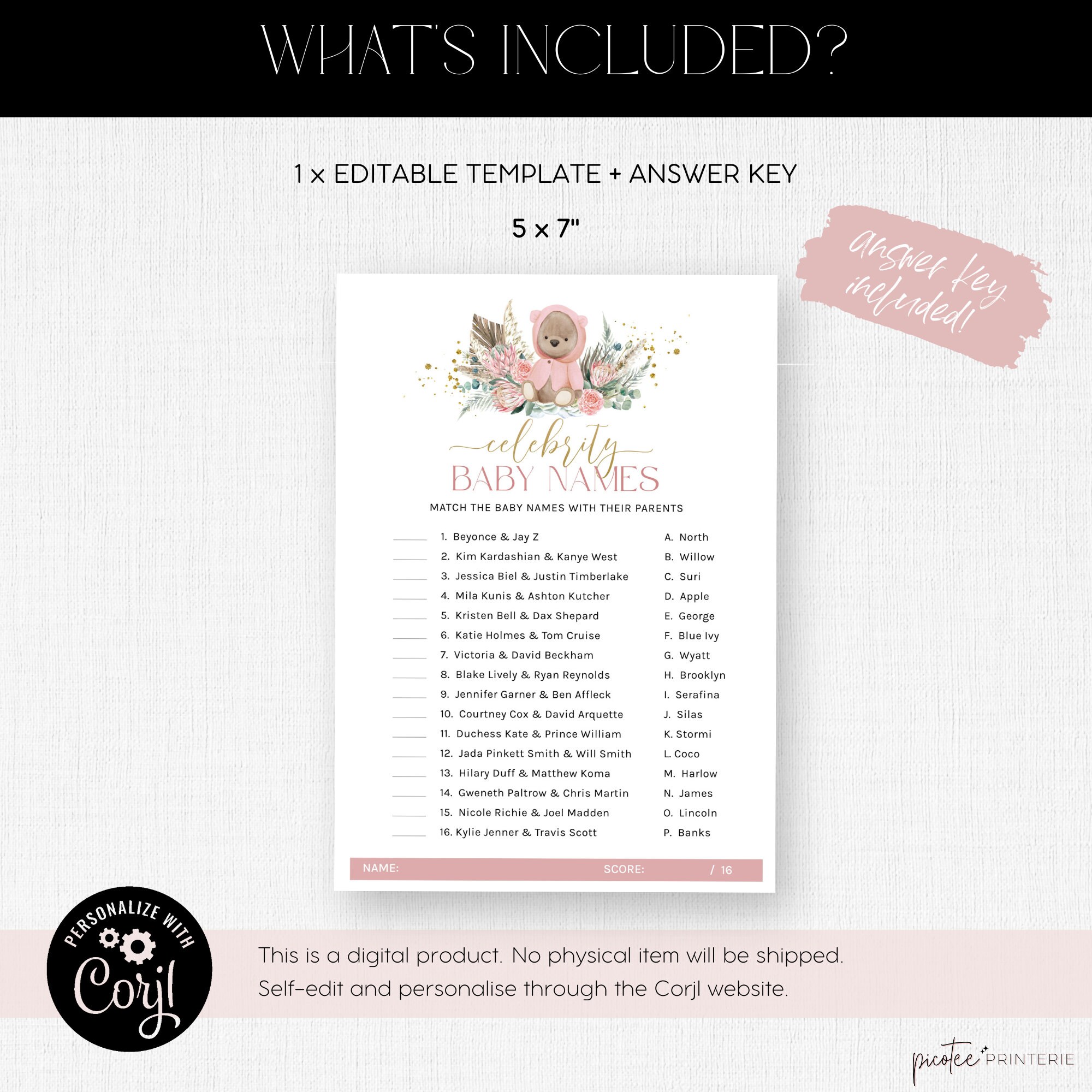 Celebrity Baby Names Baby Shower Game, Boho Baby Shower Name Game Girl ...