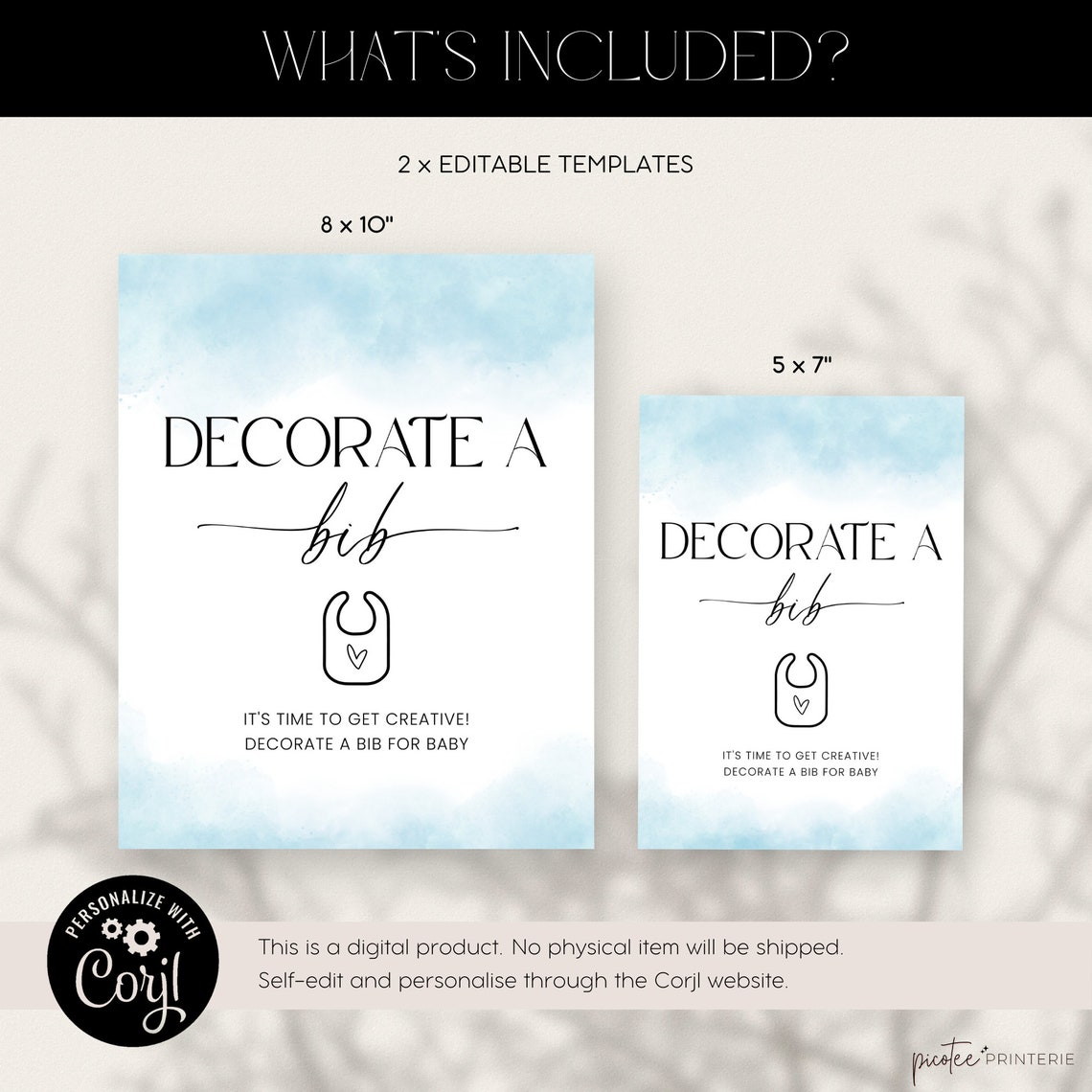 Baby Shower Decorate A Bib Sign, Printable Bib Decorating Station, Blue ...