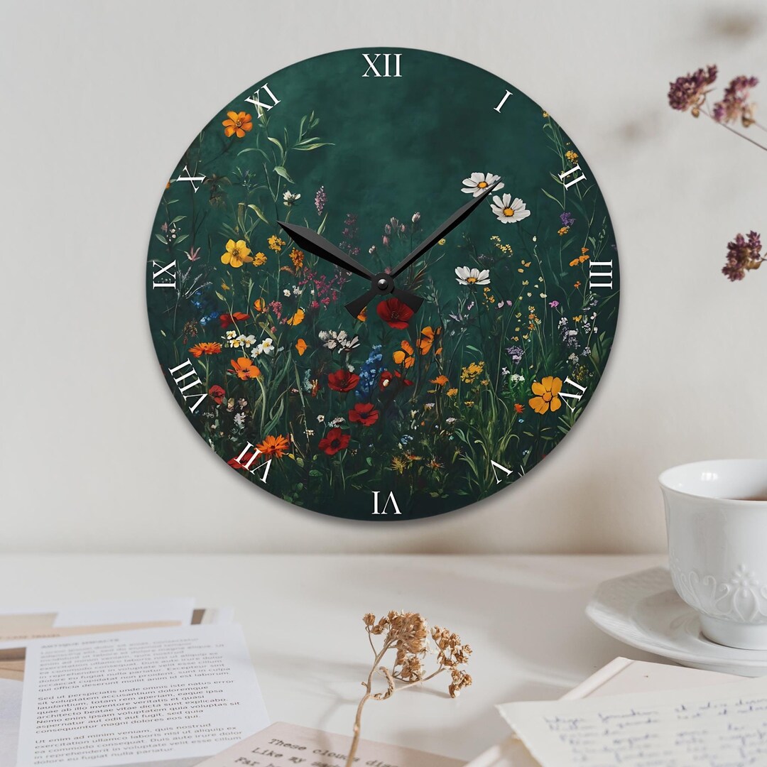 Wildflower Field Wall Clock, Field of Flowers Clock, Vintage Botanical ...