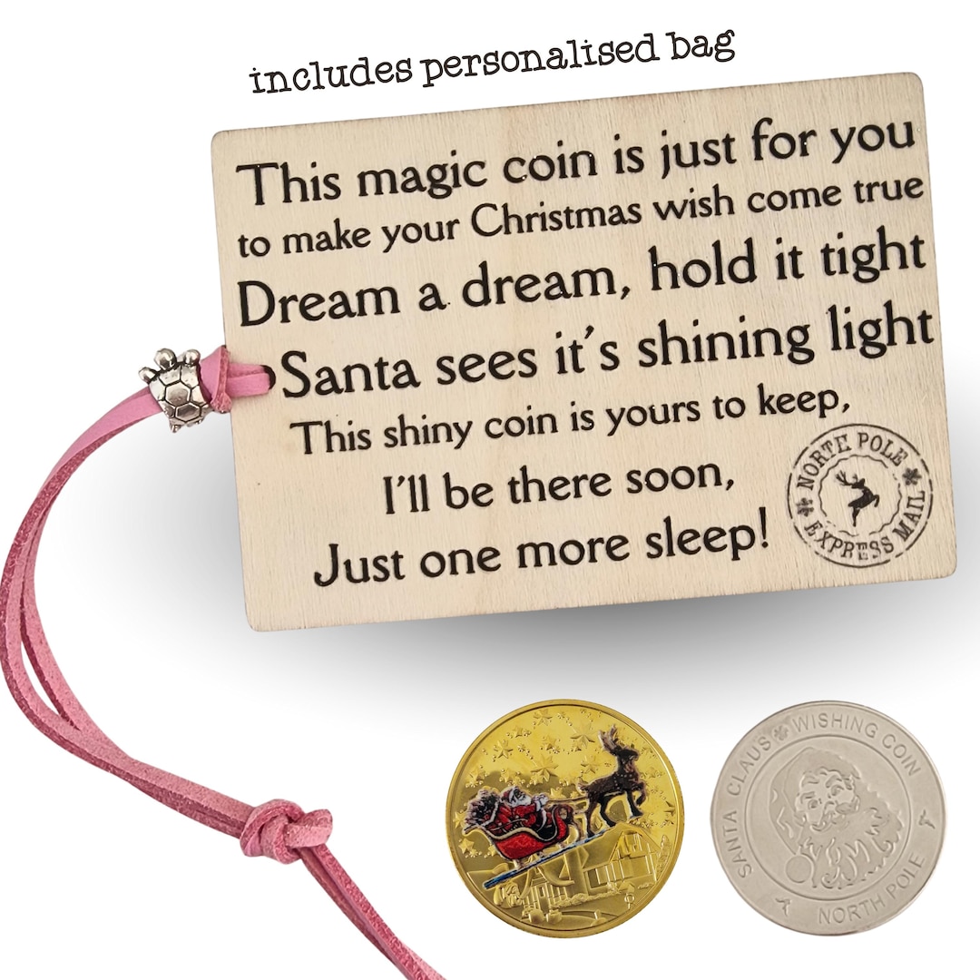 Santa’s Wishing Coin With Personalised Wood Tag & Gift Bag: Gold or ...