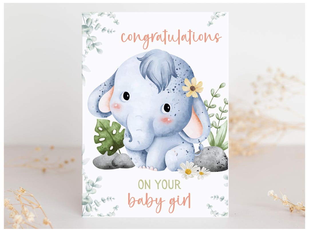 Baby Girl Congratulations Card: Safari Elephant, Personalised Birth ...