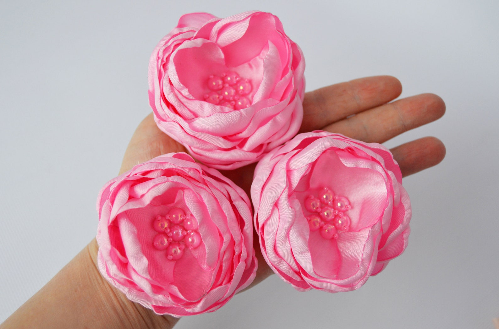 Pink Satin Fabric Flowers Set of 3 Beaded Fabric Flowers for | Etsy