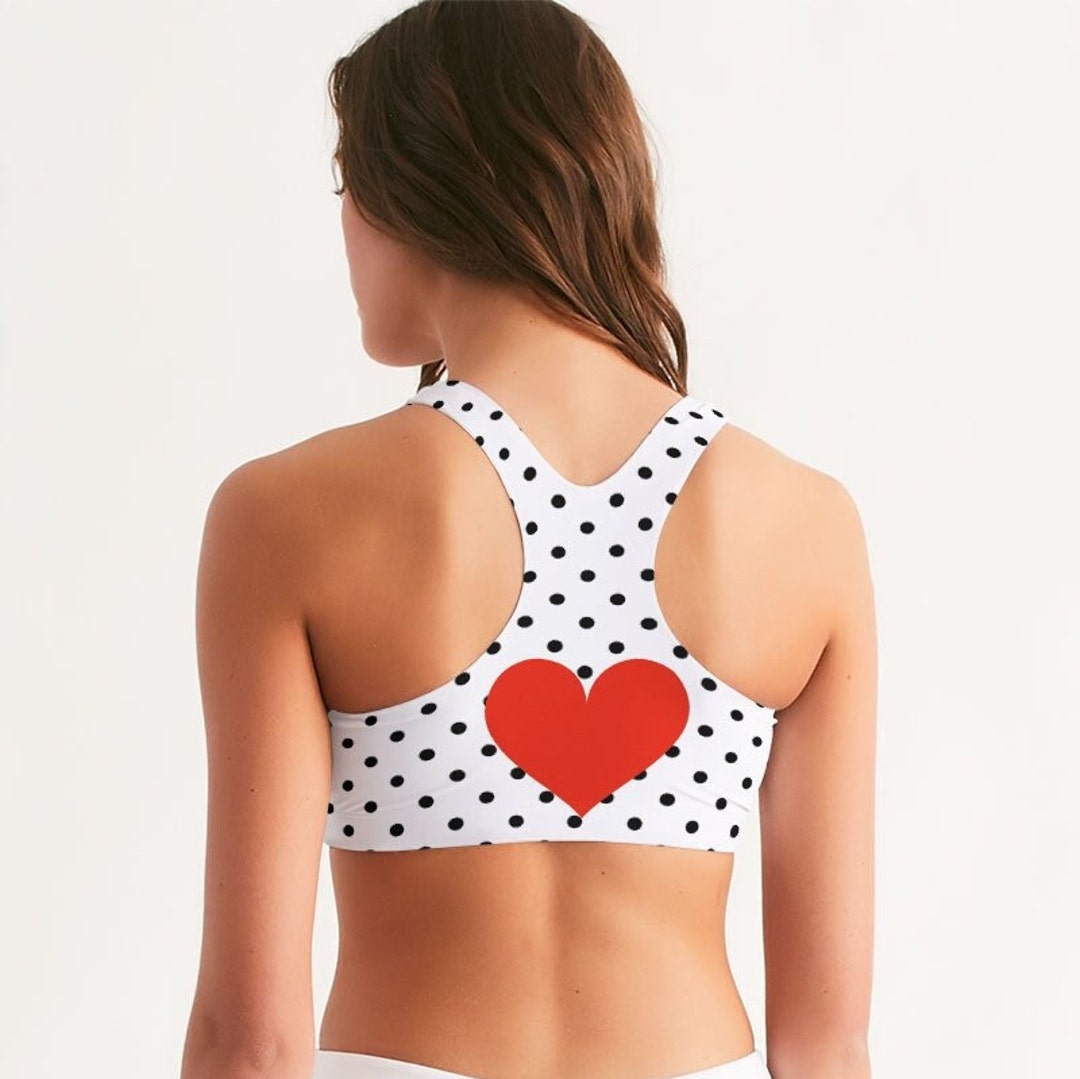 Black and White Polka Dot Seamless Sports Bra With Red Heart Embellishment, Women's Activewear ...