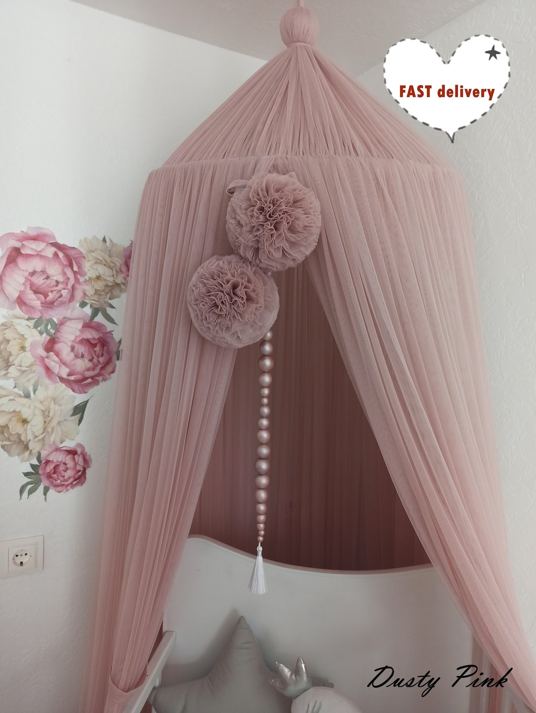 Dusty Pink Crib Canopy, Kids Play Canopy With Pompoms, Nursery Canopy ...