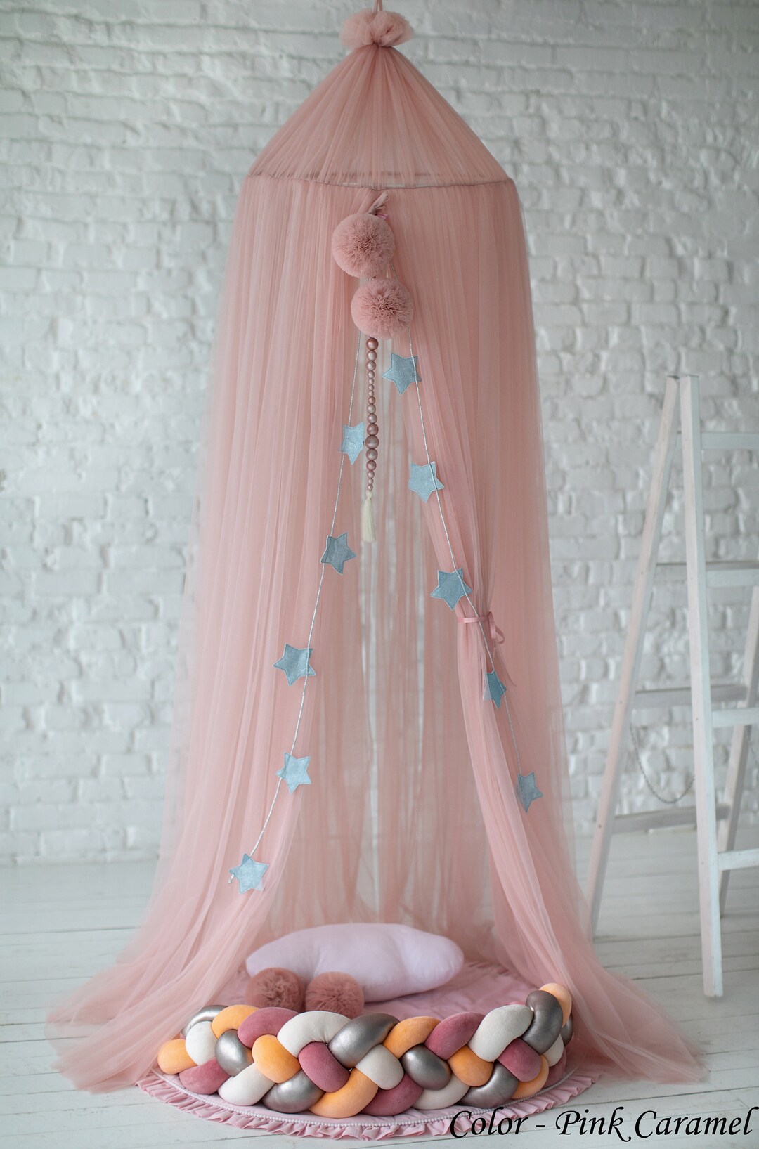 Princess Bed Tent With Pompoms, Pink Canopy for Girls Room, Princess ...