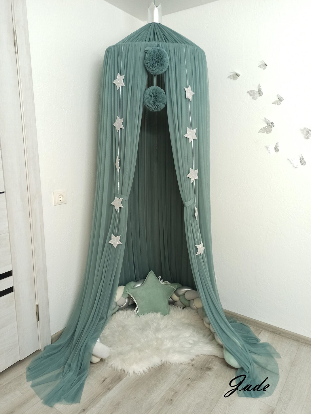 Custom Play Canopy With Pompoms, Nursery Kids Canopy, Play Room Hanging ...