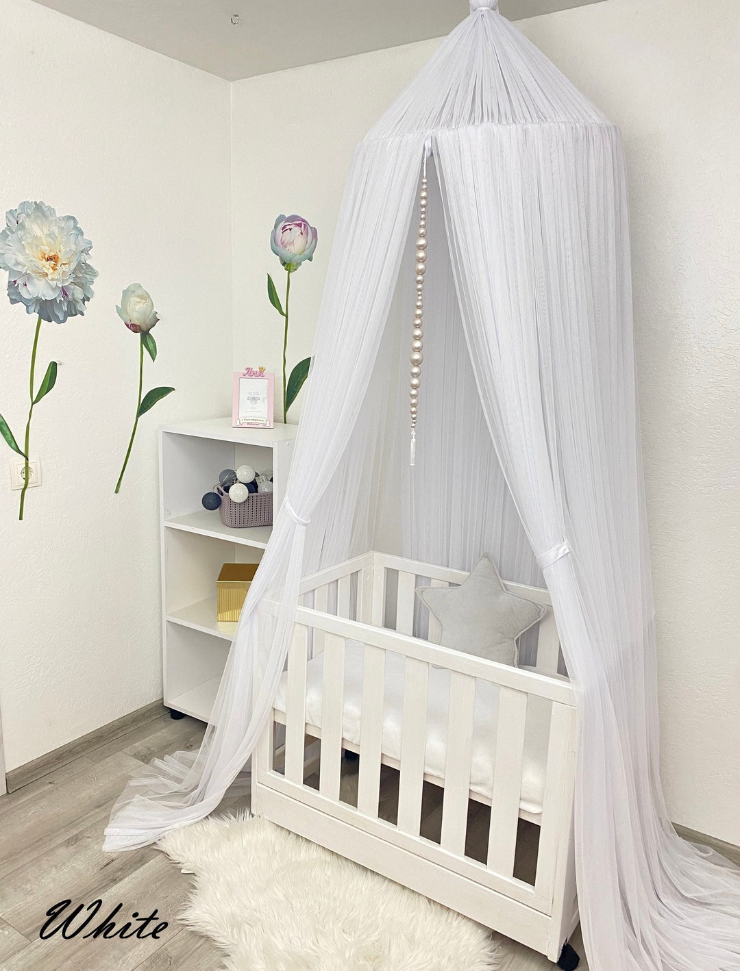 White or Black Canopy, Kids Play Canopy With Pompoms, Nursery Canopy ...