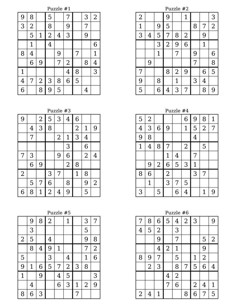 1000 Sudoku Printable Games 1 and 6 per Page. Easy, Medium and Hard ...