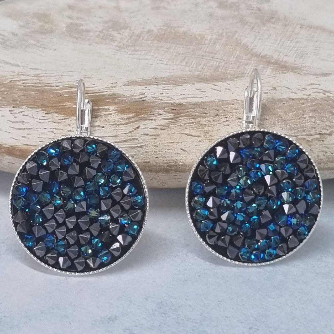 Blue Swarovski Crystal Earrings. Round Crystal Drop Earrings. Dark Blue ...