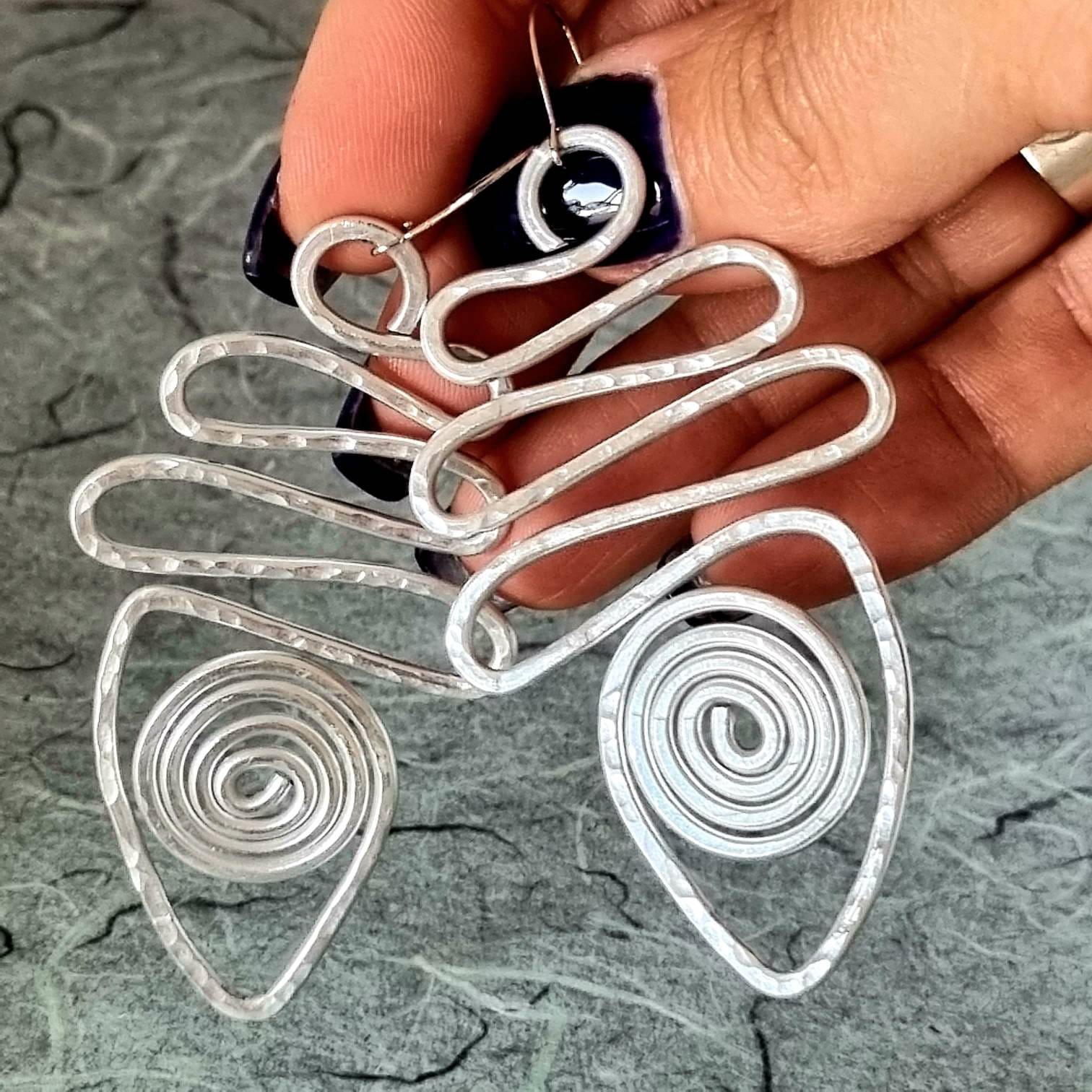 Big Silver Wire Earrings, Spiral, Abstract Shape, Statement, Long ...