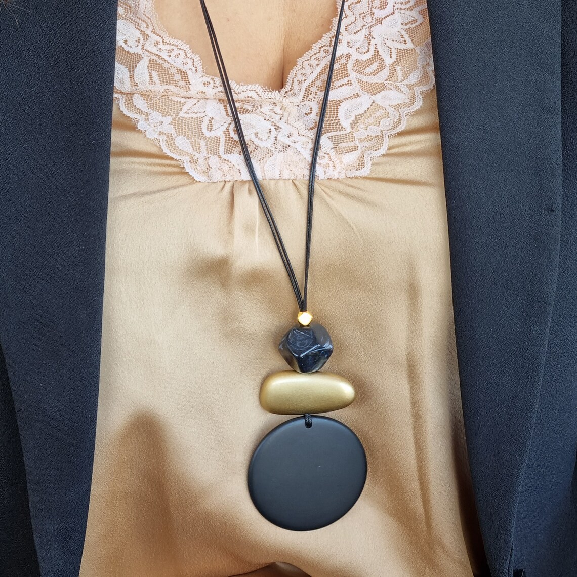 Long Pendant Necklace, Black Acrylic Beads, 24k Gold Plated Teardrop - Etsy