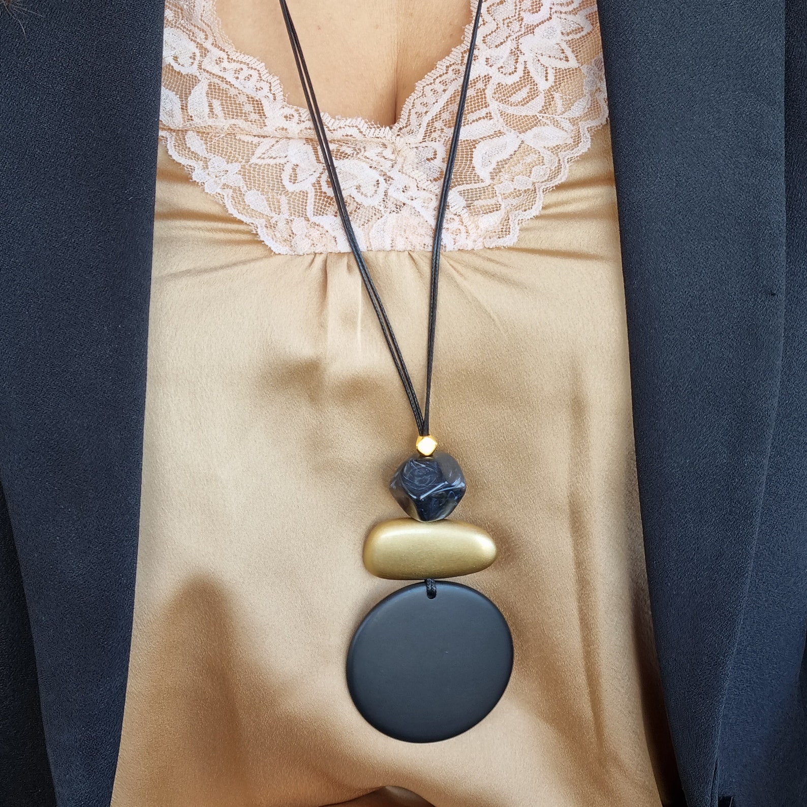 Long Pendant Necklace, Long Gold Necklace, Black and Gold Necklace ...