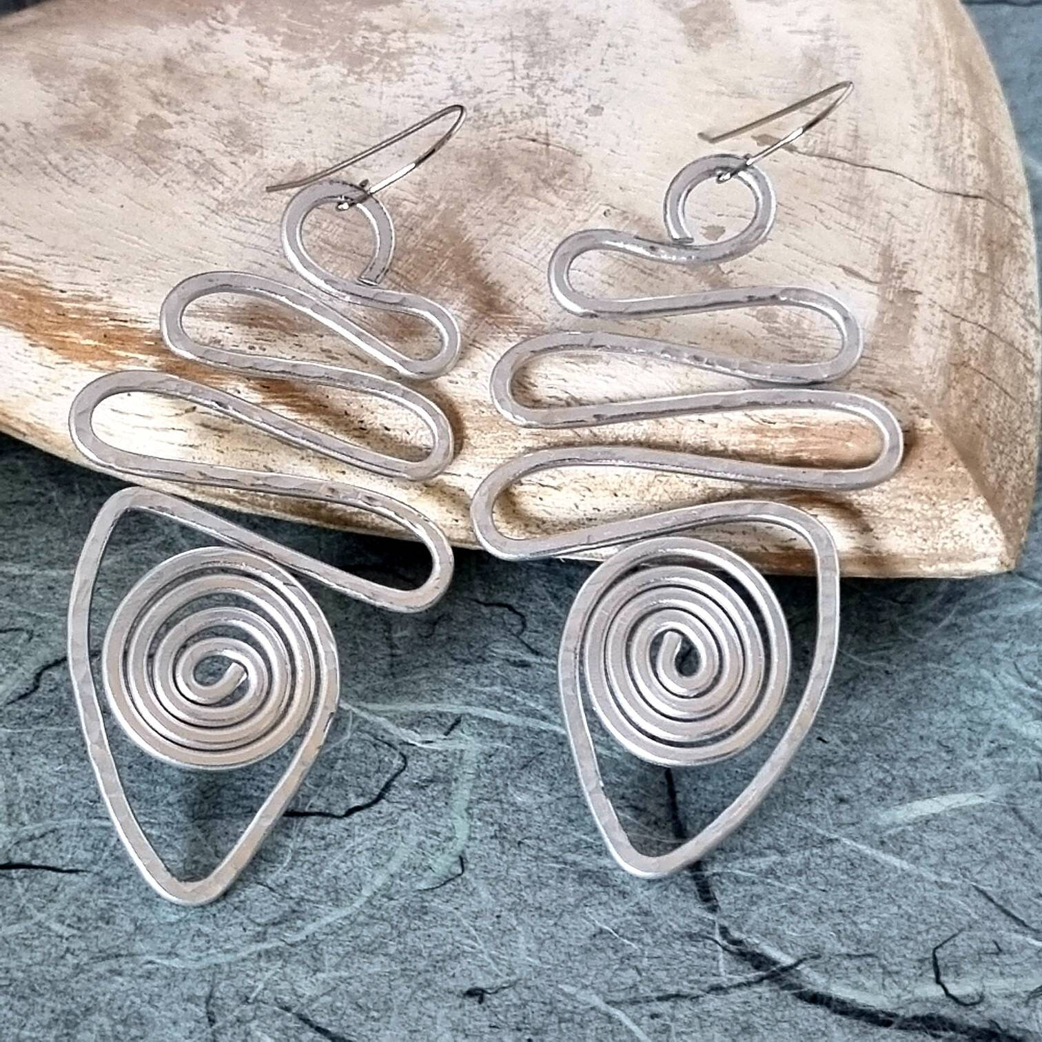 Big Silver Wire Earrings, Spiral, Abstract Shape, Statement, Long ...
