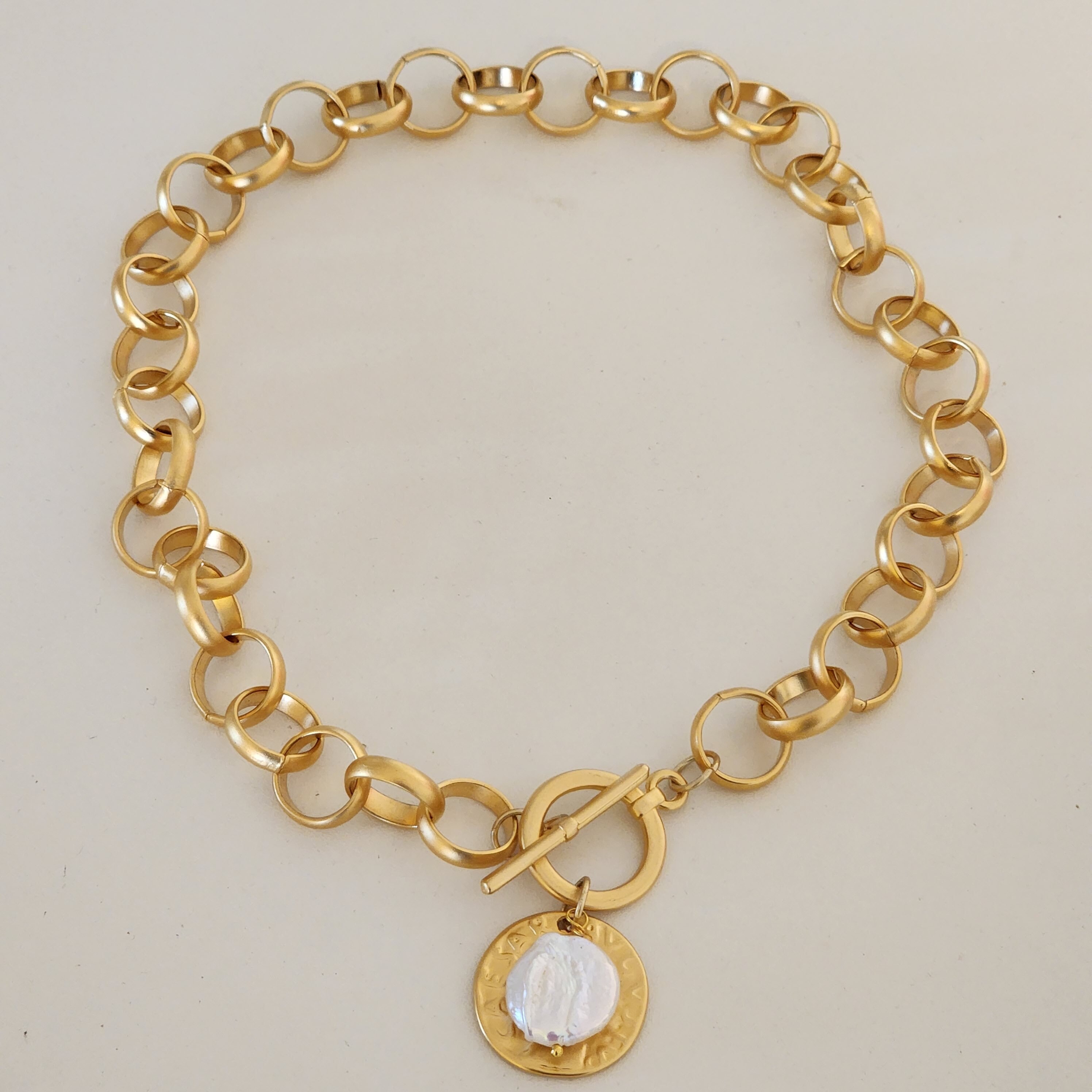 Chunky Gold Link Necklace – Caesar Coin, Freshwater Pearl, Toggle Clasp ...