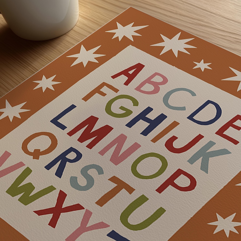 Orange Alphabet Poster Stars Retro Kids, Abc Wall Art, Vintage Nursery ...