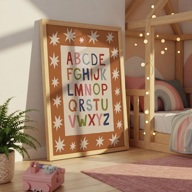 Orange Alphabet Poster Stars Retro Kids, Abc Wall Art, Vintage Nursery ...