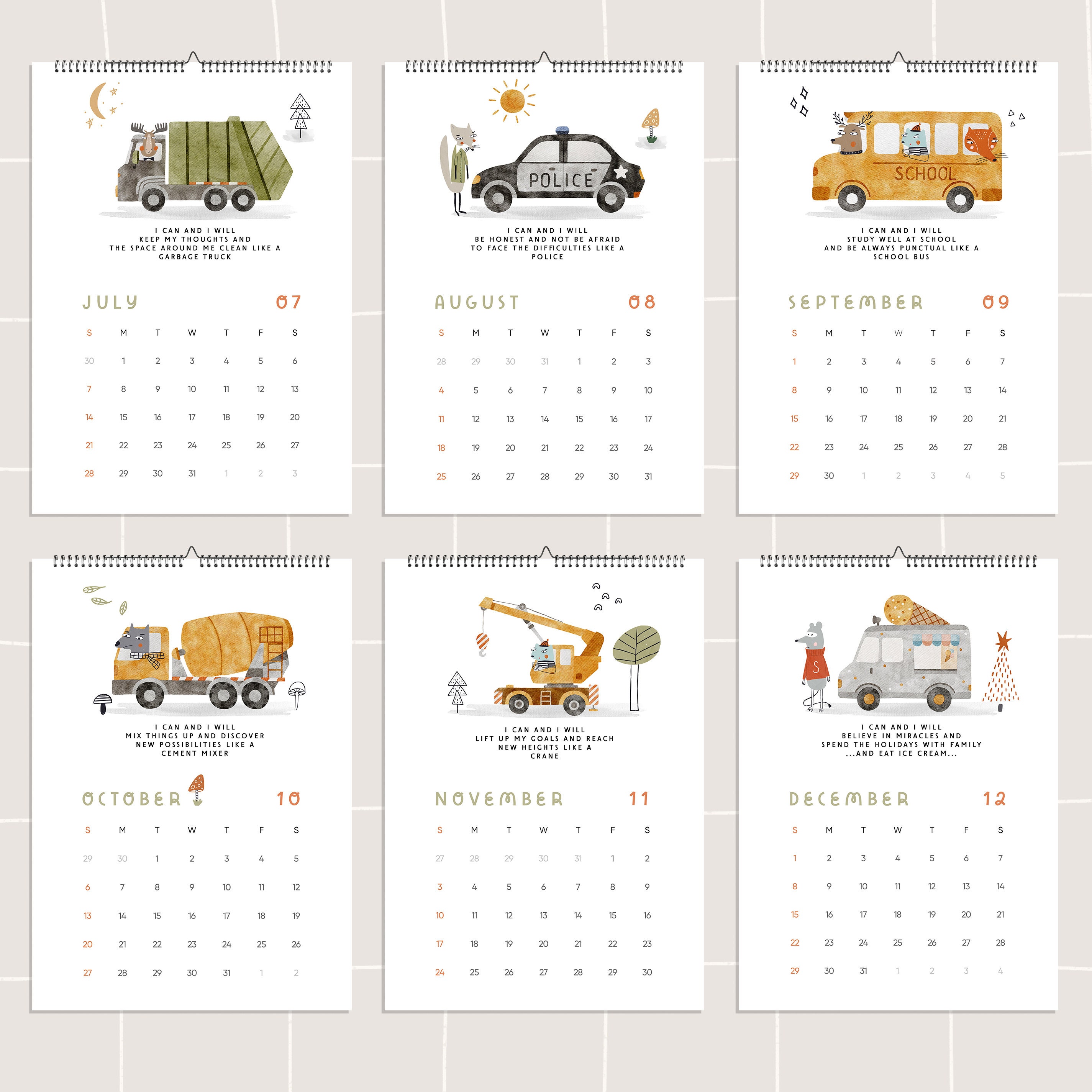 2023 - 2024 Wall Calendar for Kids With Cars and Affirmations, 12 Month ...