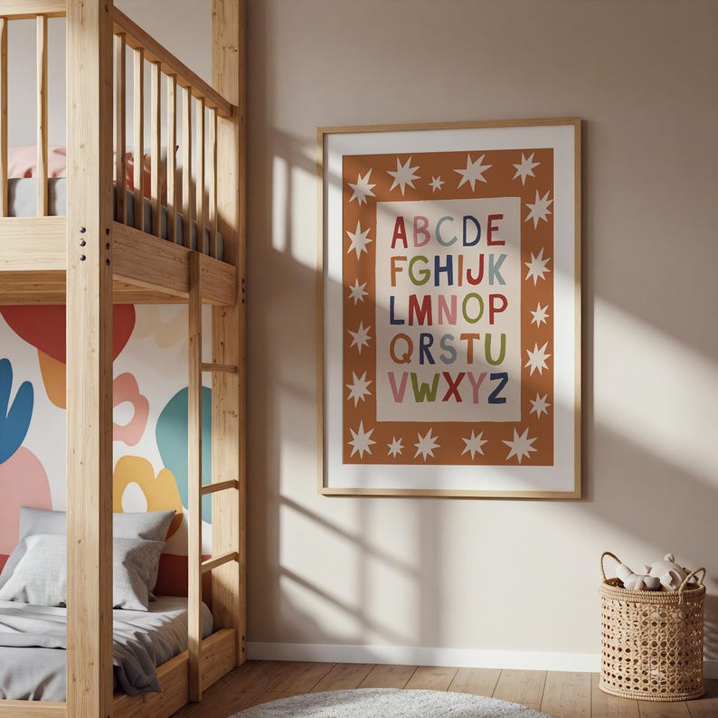 Orange Alphabet Poster Stars Retro Kids, Abc Wall Art, Vintage Nursery ...