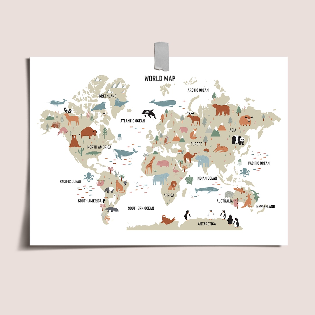 World Map Print, Animal World Map, World Map Poster, Learning Posters ...