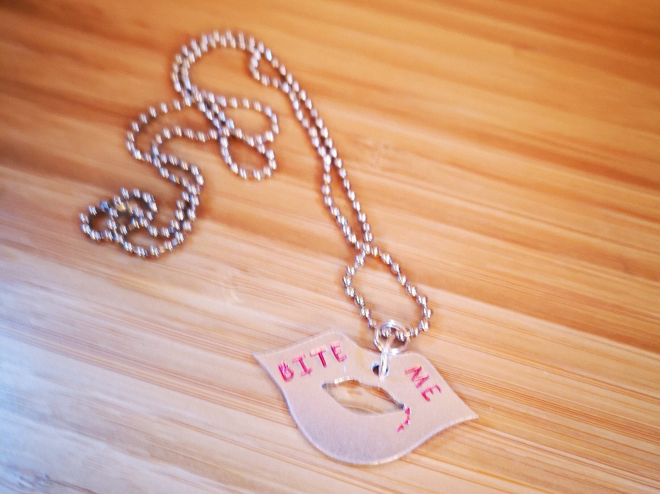 Bite Me Hand Stamped Necklace Mum Wife Daughter Gift Mothers Day Friend ...