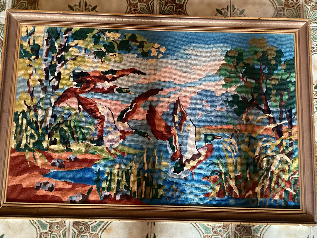 Large Tapestry, French Vintage, Needlepoint, Completed,flying Ducks. - Etsy
