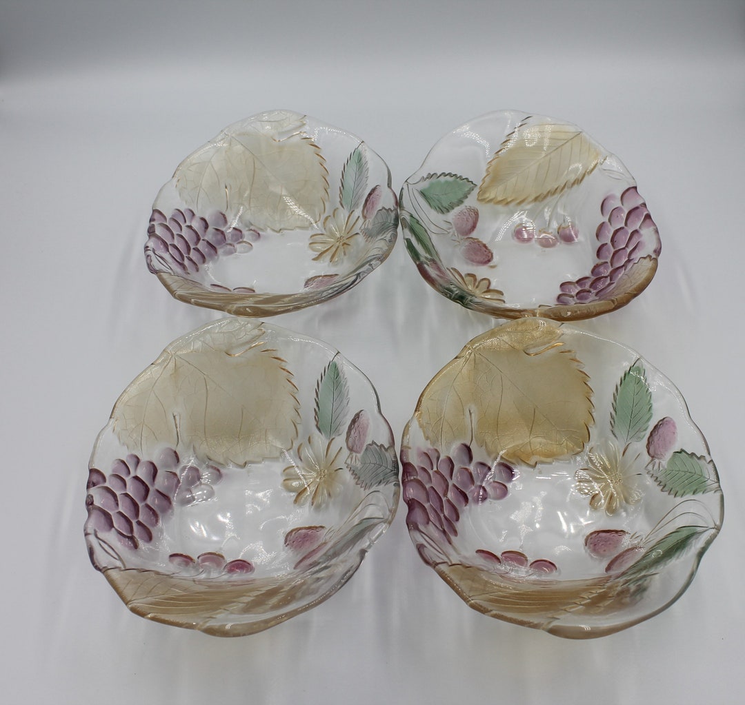 1960s Soga Glass Oval Shaped Glass Bowls With Embossed Fruit, Scalloped ...