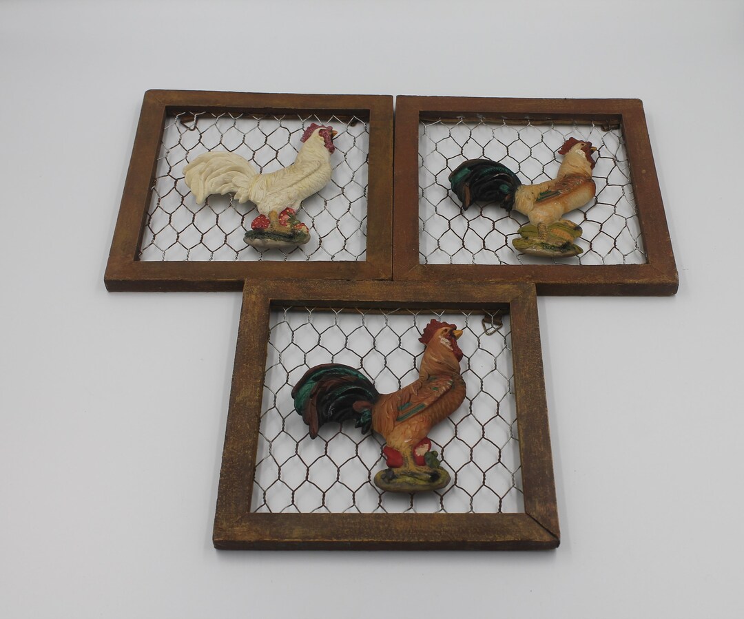Framed Shadow Box Wall Art, Resin Roosters, Chickens on Wire Background ...