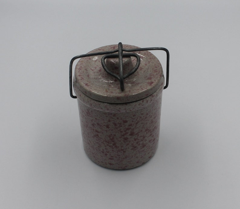 Vintage Pink Speckled Cheese or Butter Crock, Stoneware Pottery, Wire ...