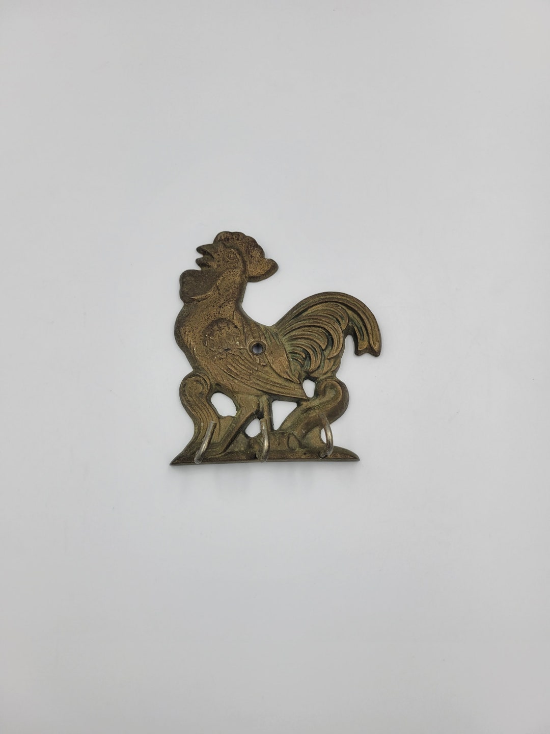Vintage Brass Rooster Key Holder, Key Organizer, Three Hooks, Farmhouse ...