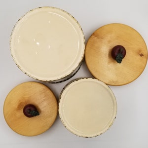 1999 Country Apple Ceramic Canister Set, Green Splatterware, Wooden Lid ...