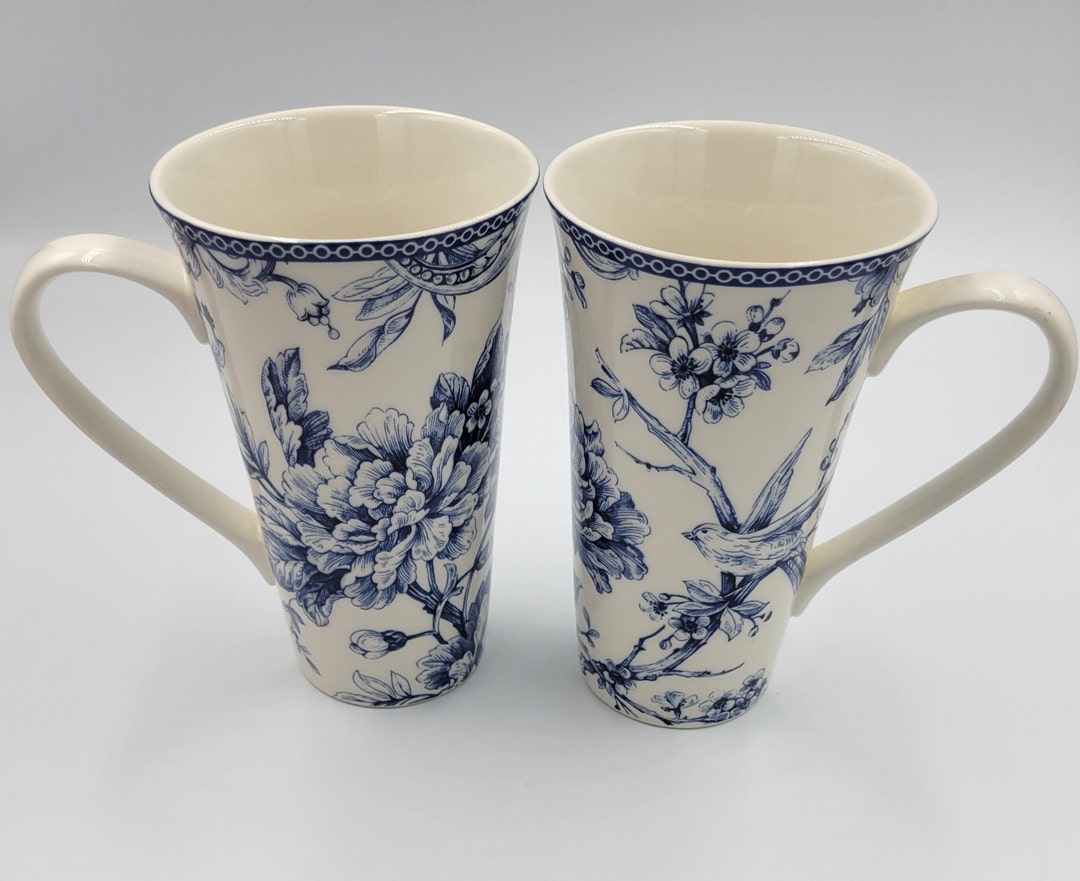 222 Fifth Adelaide Blue and White Latte Mugs, Set of 2, Floral and ...