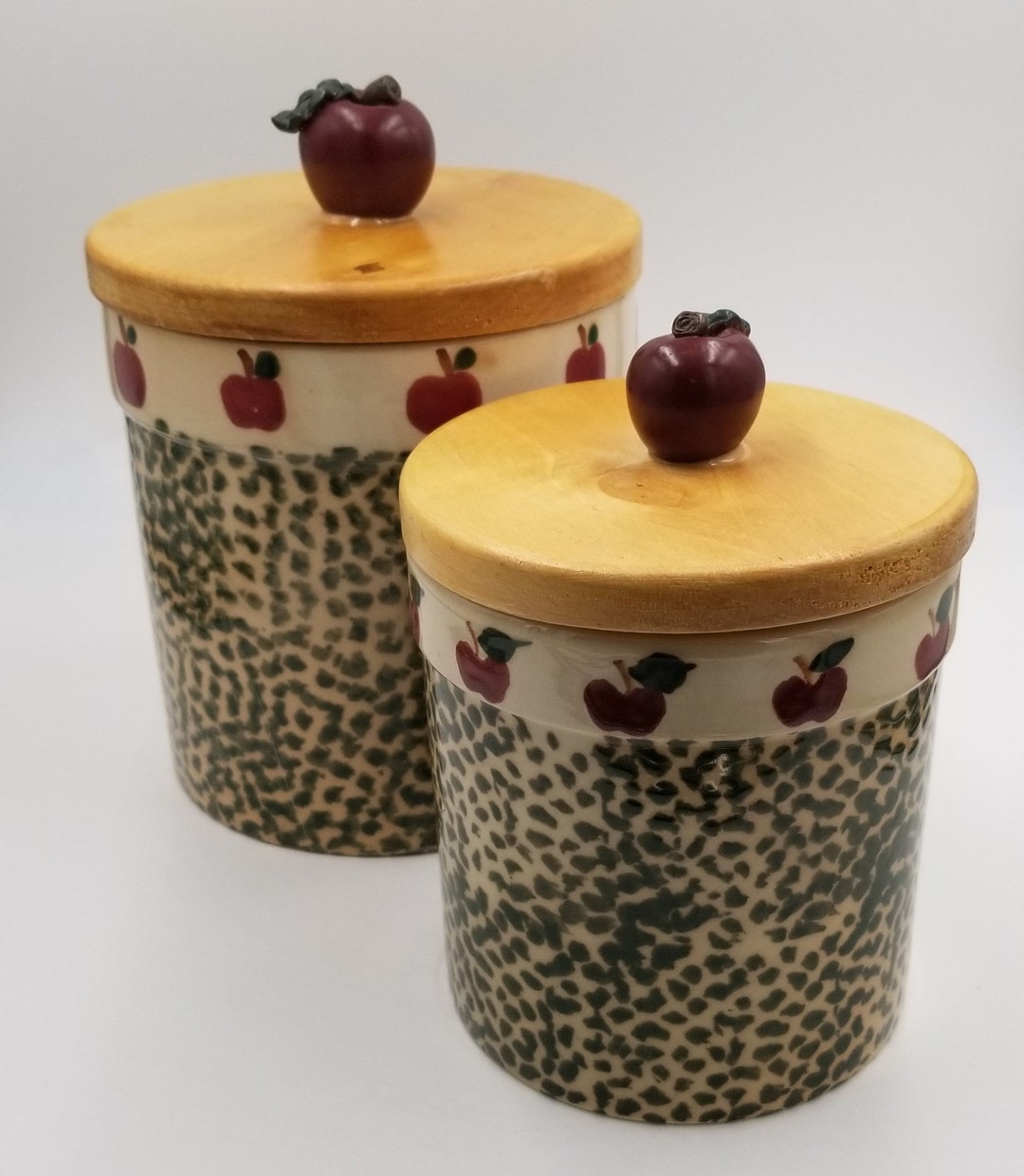 1999 Country Apple Ceramic Canister Set, Green Splatterware, Wooden Lid ...