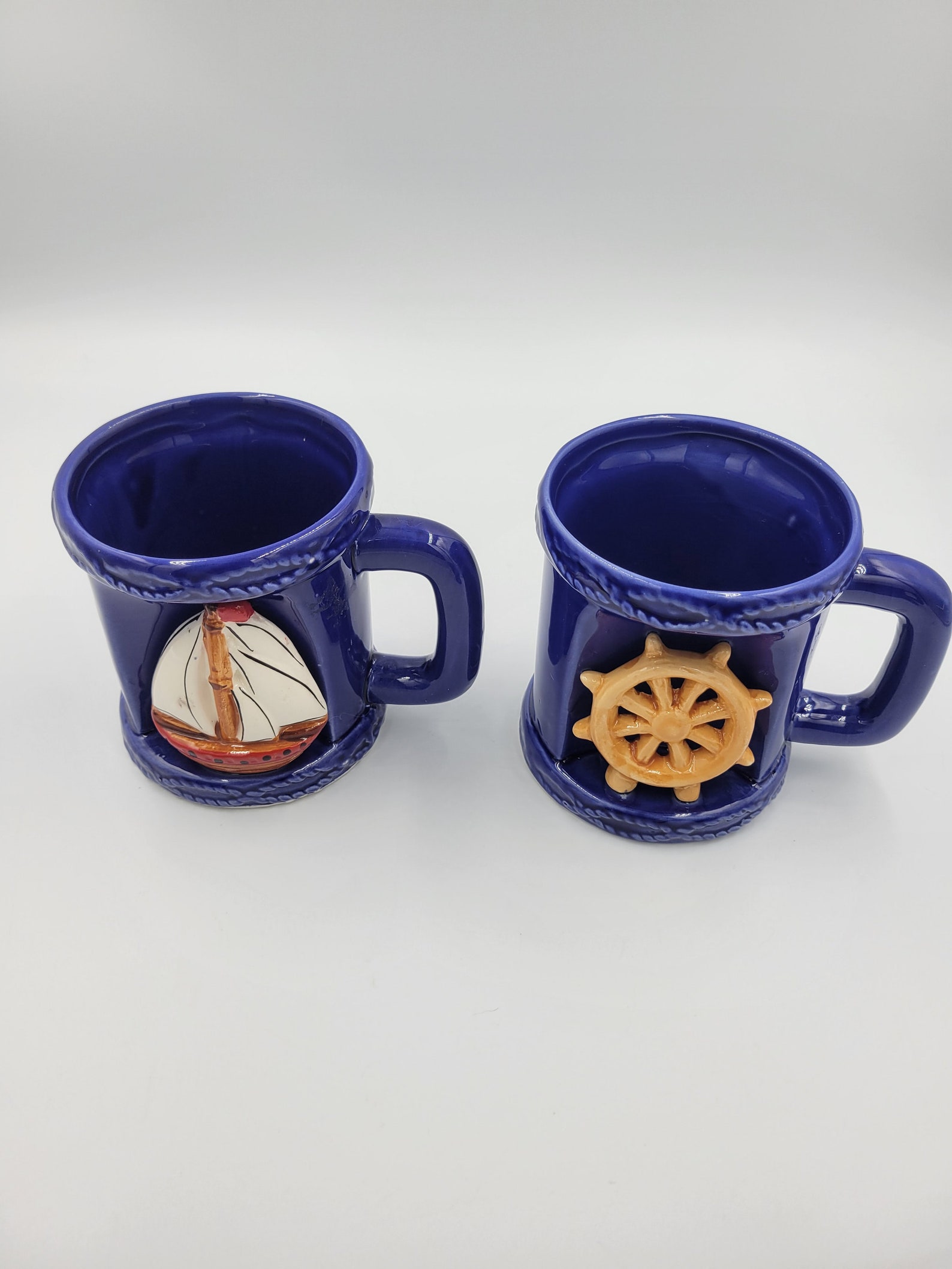 Vintage Cobalt Blue Nautical Coffee Mugs, Set of 4, With Porcelain ...