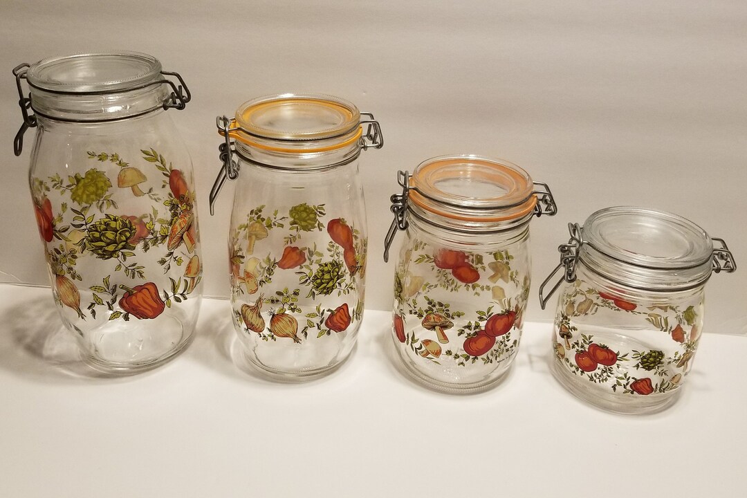 Vintage ARC France Glass Kitchen Canisters, Spice of Life Pattern, Set ...