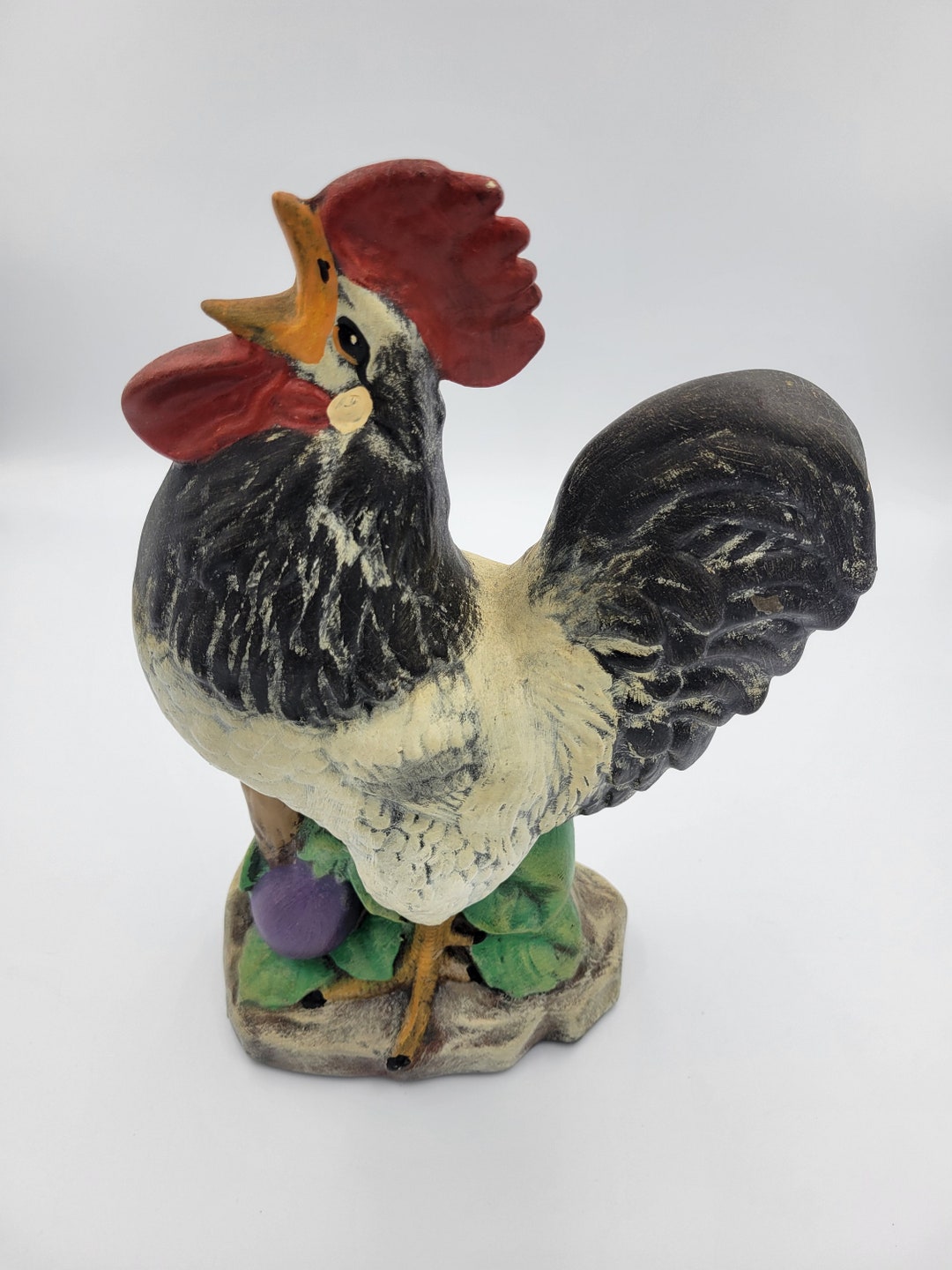 Vintage Black and White Rooster Figurine on a Platform, Country Decor ...