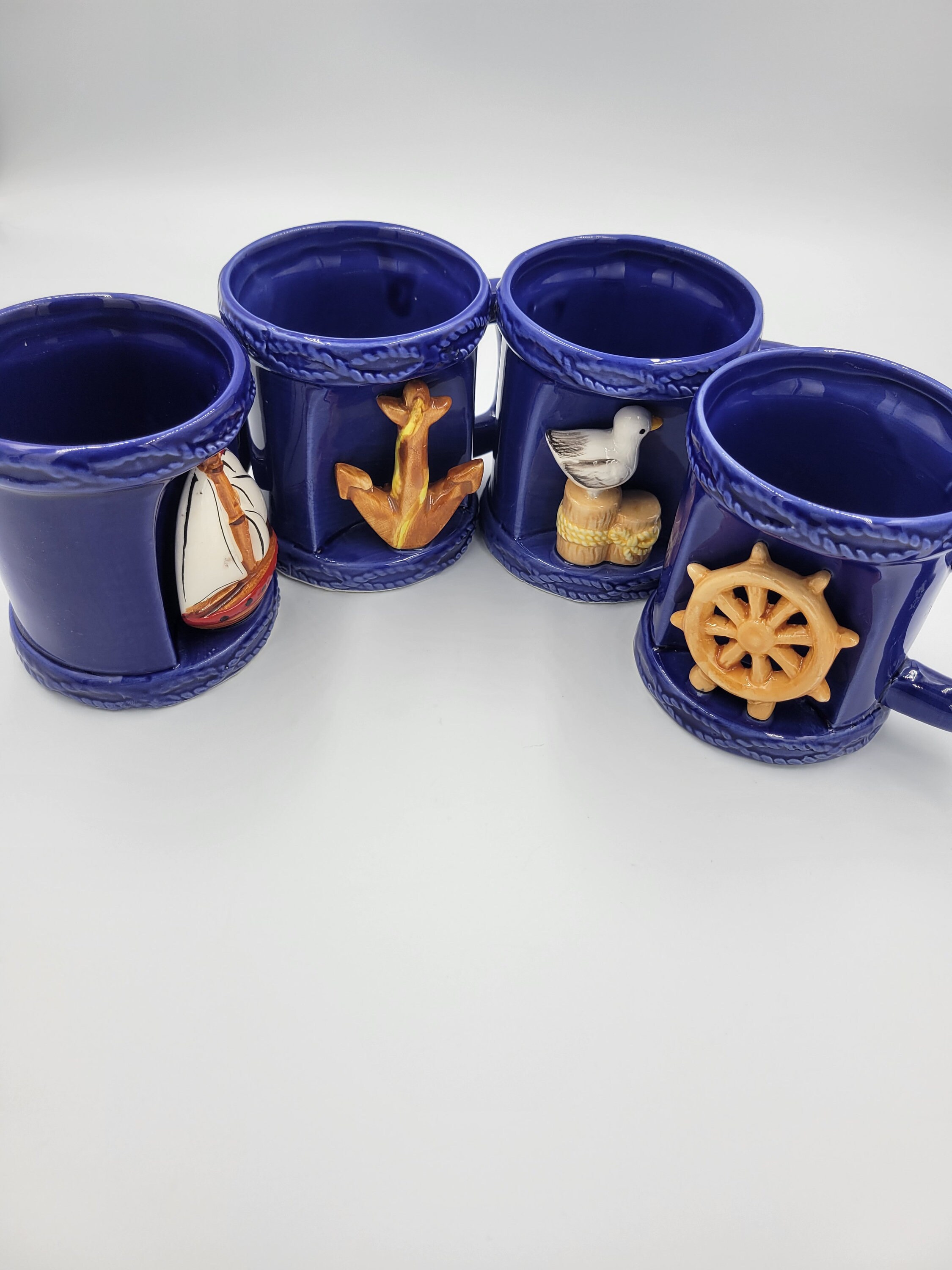 Vintage Cobalt Blue Nautical Coffee Mugs, Set of 4, With Porcelain ...