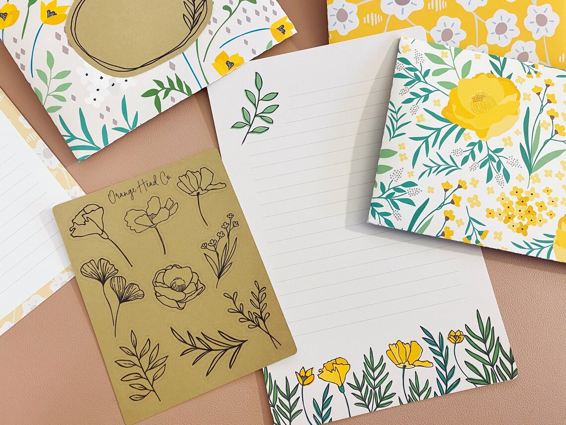 Spring botanical letter writing set yellow floral pen pal | Etsy