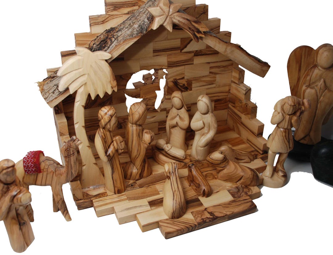 Unique Olive Wood Nativity Set Large Stable Carved Faceless Figures ...