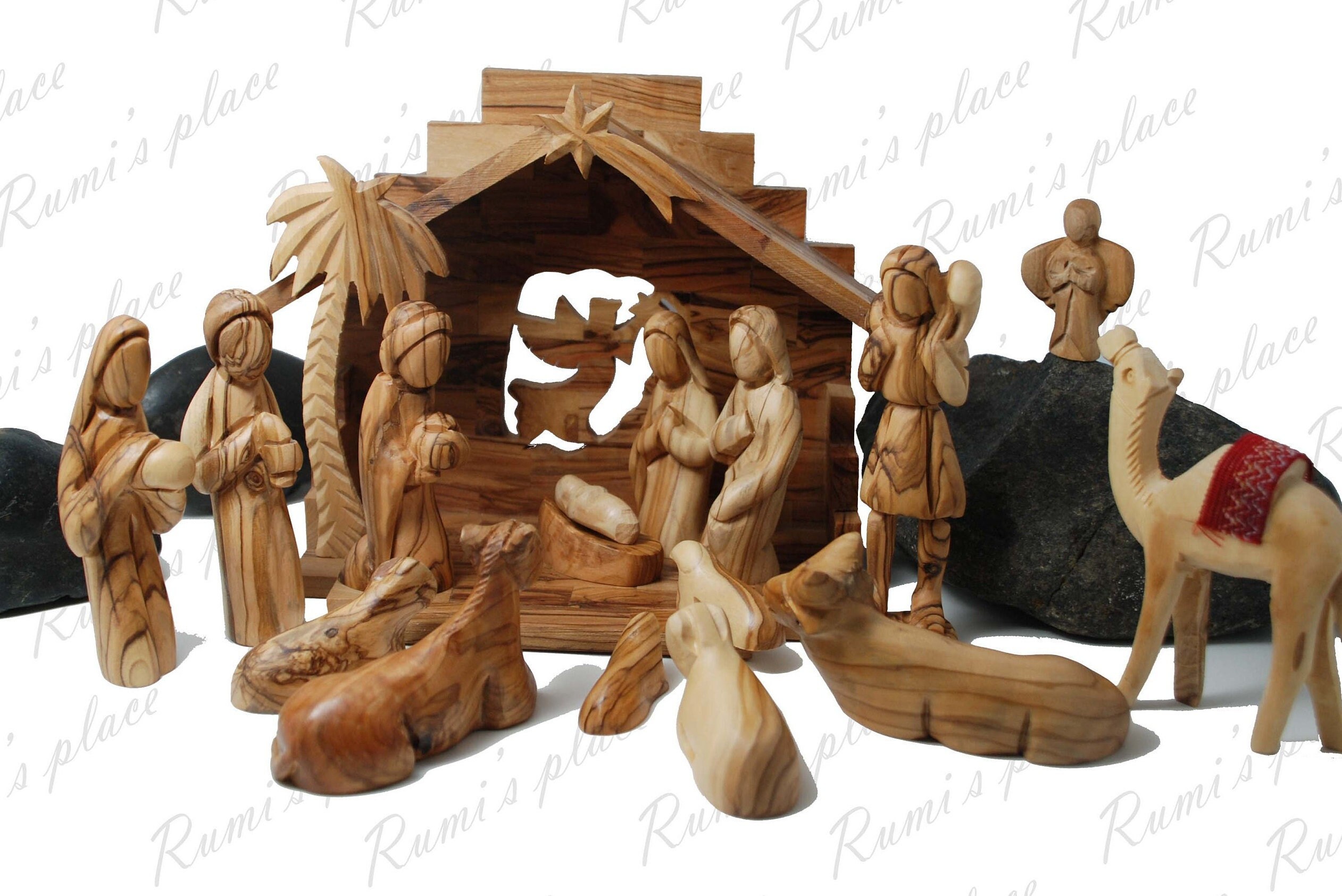 Unique Olive Wood Full Nativity Set Carved Faceless Figures | Etsy