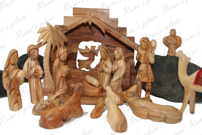 Unique Olive Wood Full Nativity Set Carved Faceless Figures Full ...